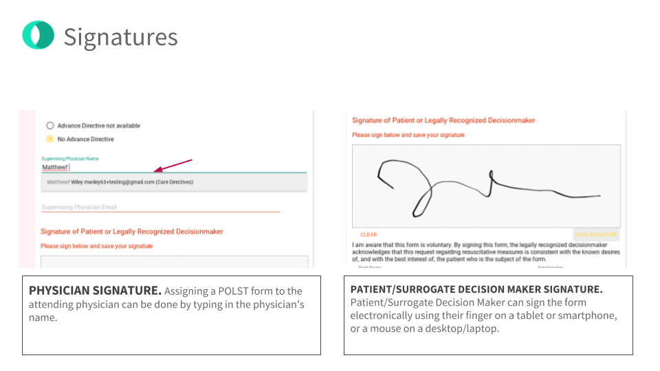 Electronic Patient and Physician Signatures – Care Directives